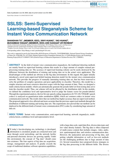 Pdf Sslss Semi Supervised Learning Based Steganalysis Scheme For Instant Voice Communication