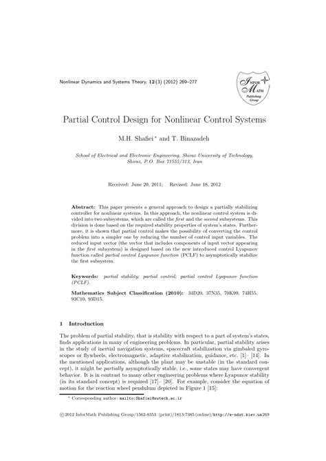 Pdf Partial Control Design For Nonlinear Control Systems