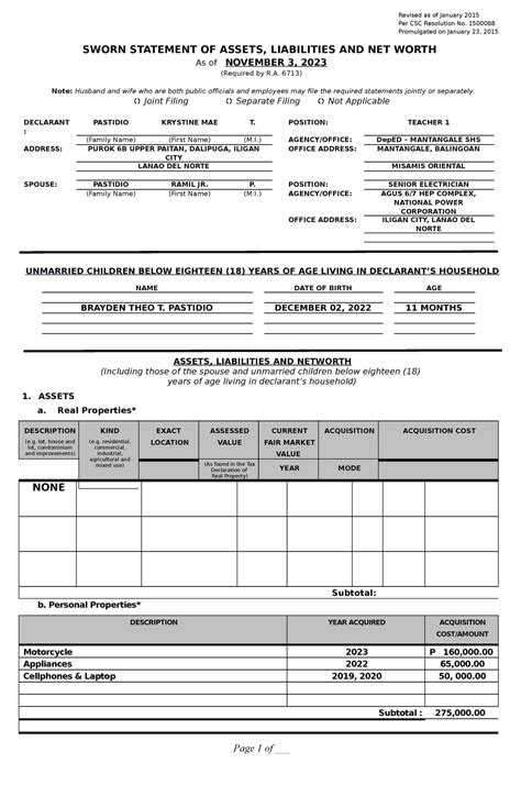 2015 Saln Form Nesly Copy Revised As Of January 2015 Per Csc Resolution No 1500088