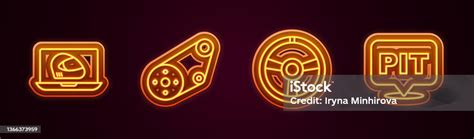 세트 라인 레이싱 헬멧 타이밍 벨트 키트 스티어링 휠 및 피트 스톱 빛나는 네온 아이콘 벡터 개념에 대한 스톡 벡터 아트 및