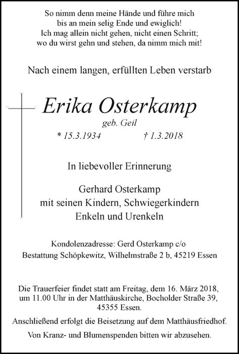 Traueranzeigen Von Erika Osterkamp Trauer In Nrwde