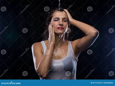 Young Brunette Under Stream Of Water Stock Image Image Of Lingerie
