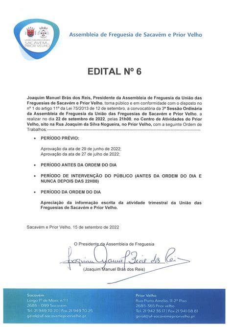 Edital Nº 6 3ª SessÃo OrdinÁria Da Assembleia De Freguesia Da UniÃo