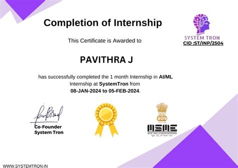 pavithra j on linkedin internship systemtron aiml