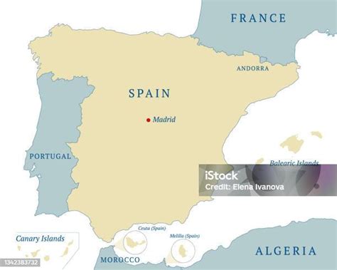 발레아레스 제도 카나리아 제도 두 자치 도시 세우타와 멜리야 국경과 수도 마드리드와 스페인 국가를지도 흰색 배경에 격리된 벡터 그림 스페인에 대한 스톡 벡터 아트 및 기타
