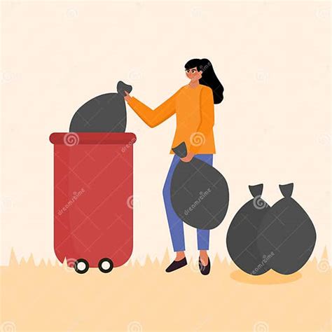 Woman Trowing Trash On Rubbish Illustration Girl Trow Plastic Bag On