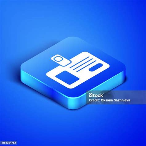 파란색 배경에 격리된 등각 식별 배지 아이콘입니다 그것은 프리젠 테이션 회사의 정체성 광고에 사용할 수 있습니다 파란색 사각형 버튼입니다 벡터 일러스트레이션 0명에 대한