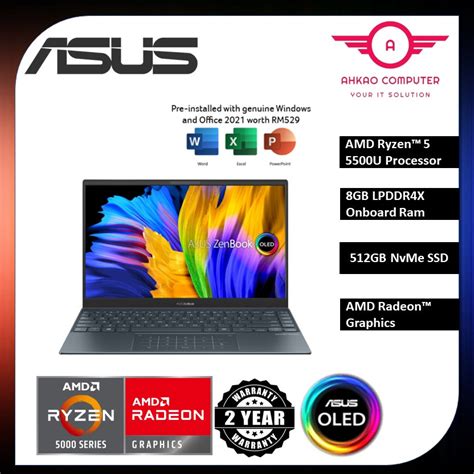 Asus Zenbook Oled Um U Akg Ws Fhd Laptop Pine Grey Ryzen U Gb Gb Ssd