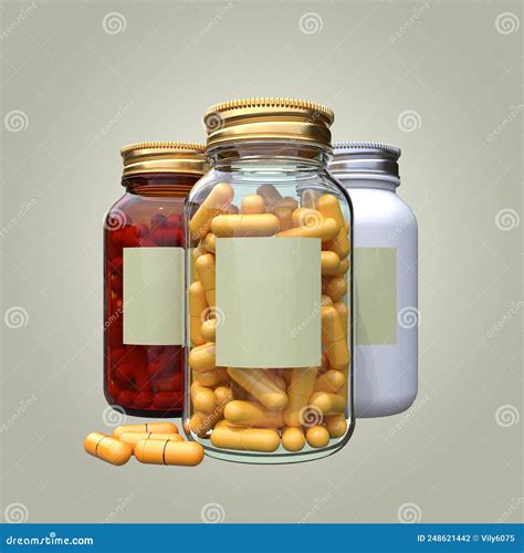 Capsule With Dietary Supplements In Containers With Caps Stock