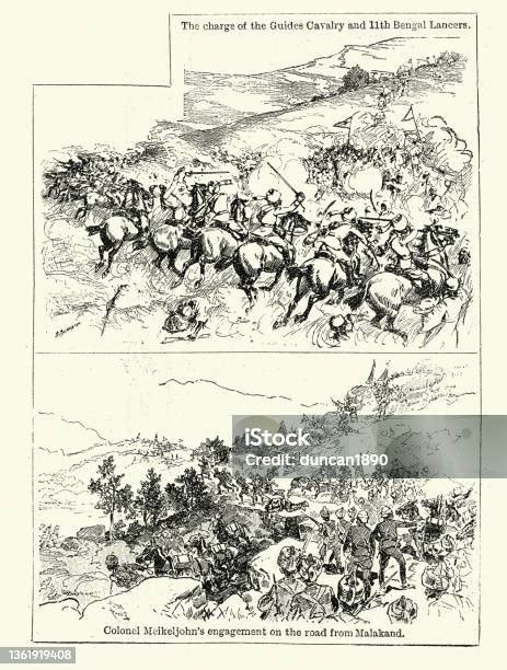 1897년 말라칸드 포위 공격 중 차크다라를 구호하고 벵골 랜서스 의 책임 인도 인도아 대륙에 대한 스톡 벡터 아트 및 기타