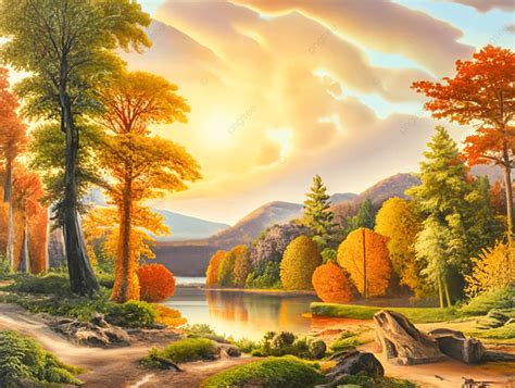 그림같은 가을 풍경 산 강둑에 있는 다채로운 나무들 그림같은 가을 풍경 화려한 나무들 배경 일러스트 및 사진 무료 다운로드 Pngtree