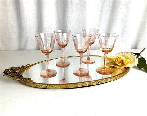 Vintage Etched Pink Depression Glass Cordial Or Liqueur Glasses Set Of
