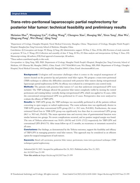 Pdf Trans Retro Peritoneal Laparoscopic Partial Nephrectomy For Posterior Hilar Tumor