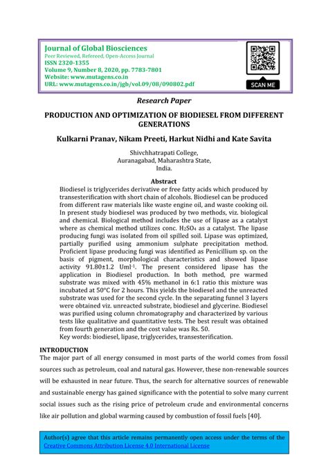 Pdf Production And Optimization Of Biodiesel From Different Generations