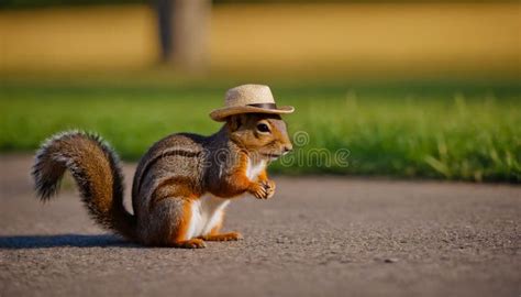 A Small Squirrel Wearing A Straw Hat On The Ground Stock Illustration