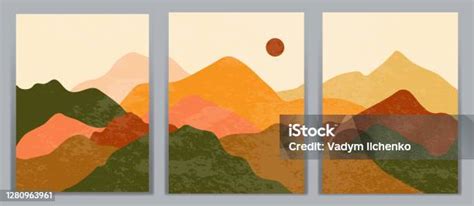 벡터 그림입니다 추상적인 현대미학 배경 풍경이 설정됩니다 지구 톤 색상 보호 벽 장식 현대 미술 프린트 책 표지 포스터 배너 브로셔 전단지를 위한 플랫 디자인 0명에 대한