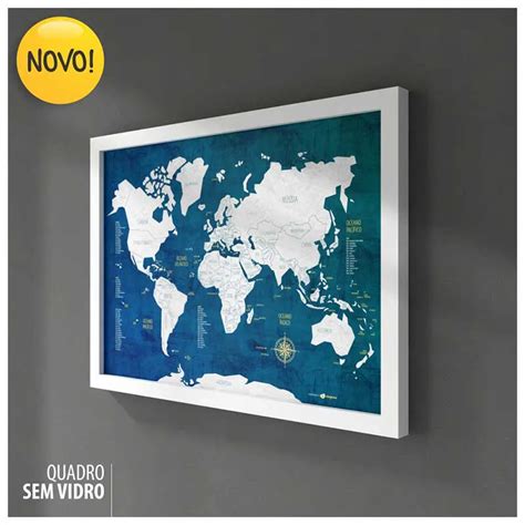 Quadro Mapa Múndi p Marcar Viagens Estilo Urban Kit c 50 Pins