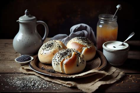 Premium Ai Image Homemade Poppy Seed Buns With Luscious Jam And Milk
