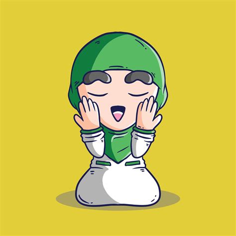 Adorable Muslim Girl Wearing Green Hijab Sitting And Pray Cartoon