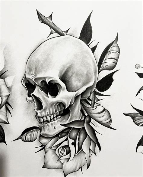 A Drawing Of A Skull With Roses On It