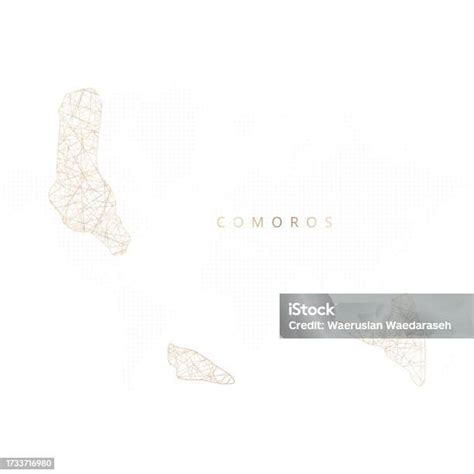 코모로의 로우 폴리 지도 금색 다각형 와이어프레임 흰색 배경에 금색 입자가 있는 반짝이는 벡터 0명에 대한 스톡 벡터 아트 및 기타 이미지 Istock