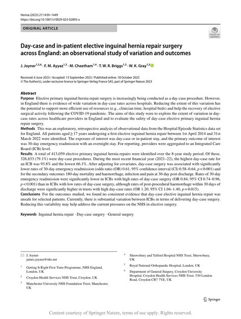 Day Case And In Patient Elective Inguinal Hernia Repair Surgery Across