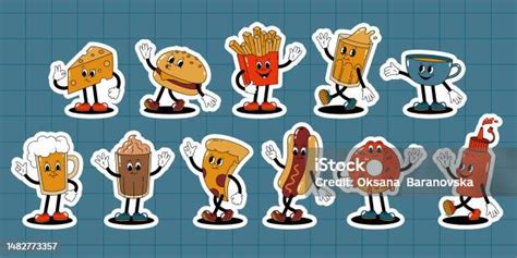 만화 복고풍 마스코트 컬러 일러스트레이션 길거리 음식 걷기 벡터 세트 빈티지 스타일 30 년대 40 년대 50 년대 오래된 애니메이션 파란색 체크 무늬 배경에 분리된 흰색