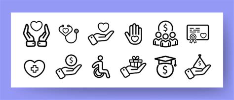 픽토그램 세트 아이콘입니다 마음과 돈 장애인 심장 상 졸업장 아픈 어린이 돌보기 청진기를 가진 손 건강 관리 개념 비즈니스 및 광고에 대한 벡터 라인 아이콘 2022년에