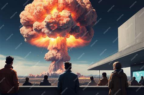 People Watching A Nuclear Explosion Illustration Generative Ai