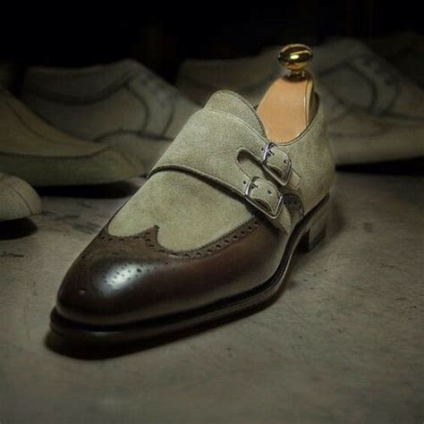 Handmade Men Two Tone Wing Tip Brogue Double Monk Strap Leather Suede