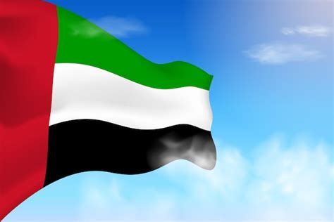 Bandera de los emiratos árabes unidos en las nubes bandera vectorial ondeando en el cielo