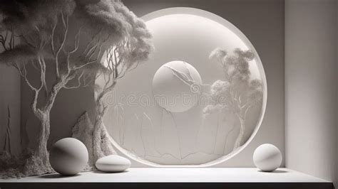 Interior With Circular Architecture Form In 3d Style Abstract Room With Arc Element And Trees