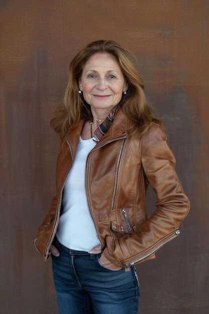 Premium Photo A Woman Wearing A Brown Leather Jacket And Jeans