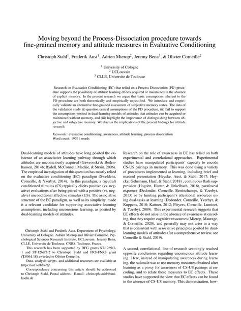 Pdf Moving Beyond The Process Dissociation Procedure Towards Fine Grained Memory And Attitude