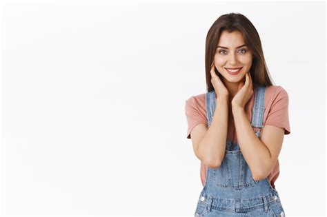 Free Photo Attractive Alluring Brunette Woman In Dungarees T Shirt