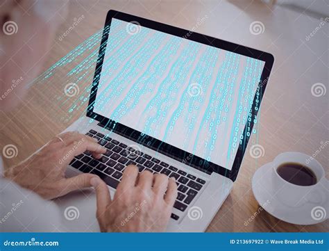Composition Of Binary Coding Processing Over Laptop Screen Stock