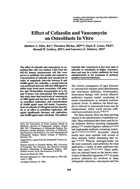 Pdf Effect Of Cefazolin And Vancomycin On Osteoblasts In Vitro