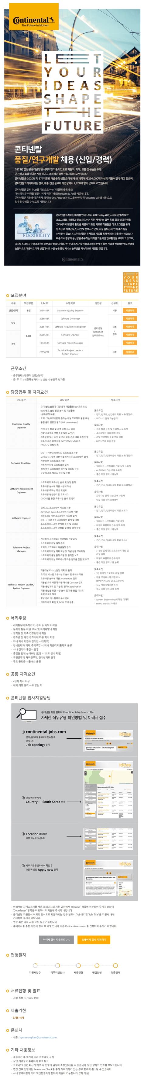 콘티넨탈오토모티브일렉트로닉스 채용공고 품질연구개발 채용 신입경력 2022년 채용