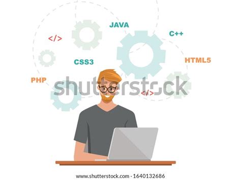Programmer Job Character Laptop Development Application Stock Vector
