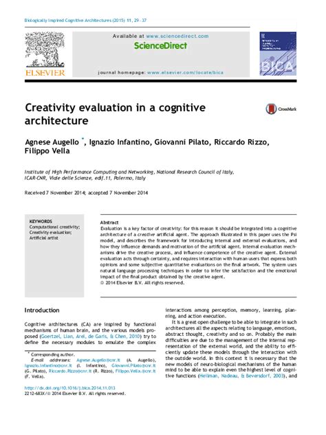 Pdf Creativity Evaluation In A Cognitive Architecture