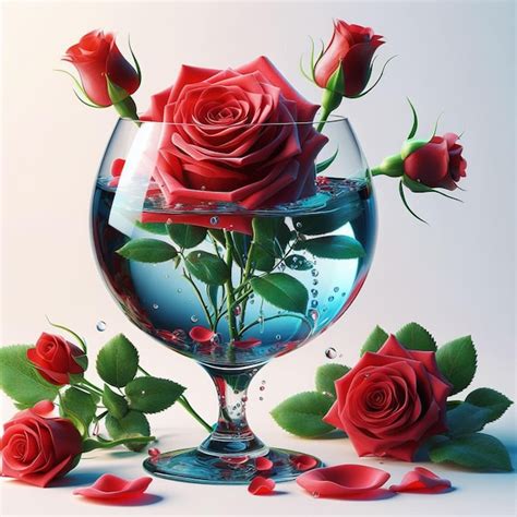 Premium Photo A Glass With Red Roses And Green Leaves On It