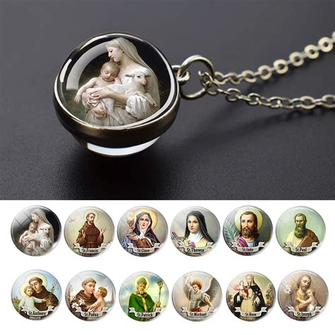 Colar De Jesus E Virgem Maria Pingente De Bola De Vidro Joalheria