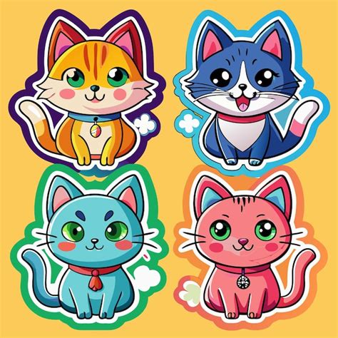 Cuatro Gatos De Dibujos Animados Con Diferentes Colores Sentados En Un