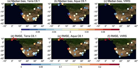 median bias a c and rmse d f for modis terra c6 1 left aqua c6 1