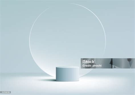 3d 현실적인 제품은 파란색 배경에 투명 원형 유리 배경이 있는 파란색 연단 받침대 스탠드를 표시합니다 0명에 대한 스톡 벡터 아트 및 기타 이미지 Istock