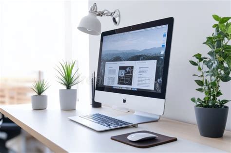 A Minimalist Workspace Featuring A Desktop Computer Keyboard Mouse And Plants Stock