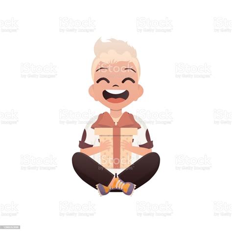 작은 소년 아이가 연꽃 자세로 묘사되어 있으며 손에 선물 상자를 들고 있습니다 생일 새해 또는 공휴일 테마 격리 만화 스타일