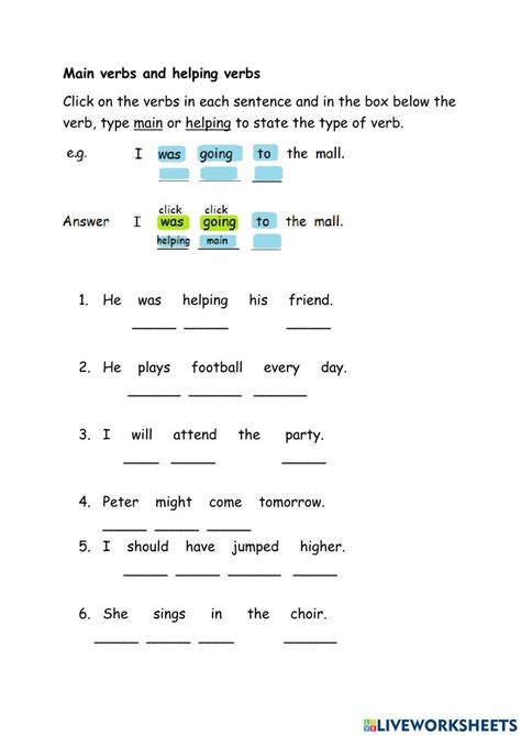 Main Verb And Helping Verb Worksheet Practice Exercises And Activities