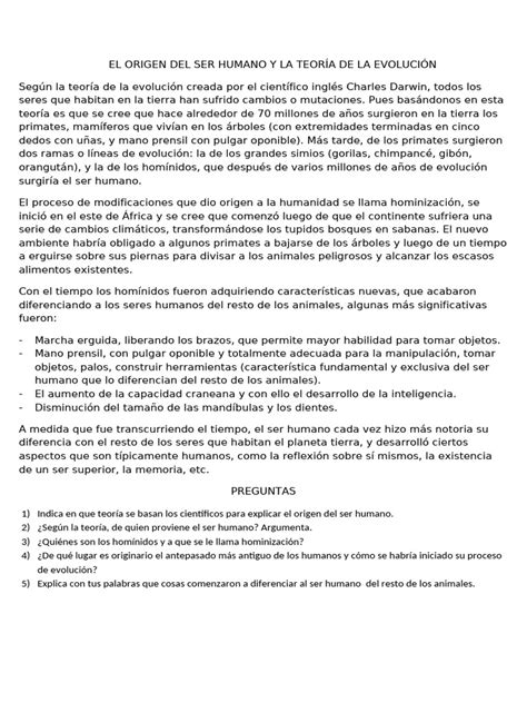 El Origen Del Ser Humano Y La Teoria De La Evolucion Pdf