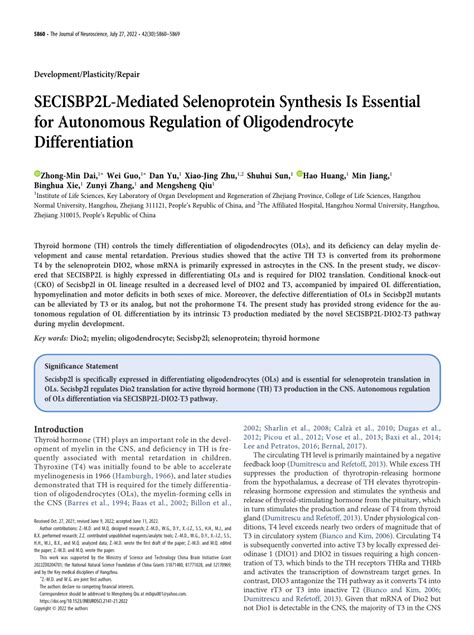 Pdf Secisbp2l Mediated Selenoprotein Synthesis Is Essential For Autonomous Regulation Of